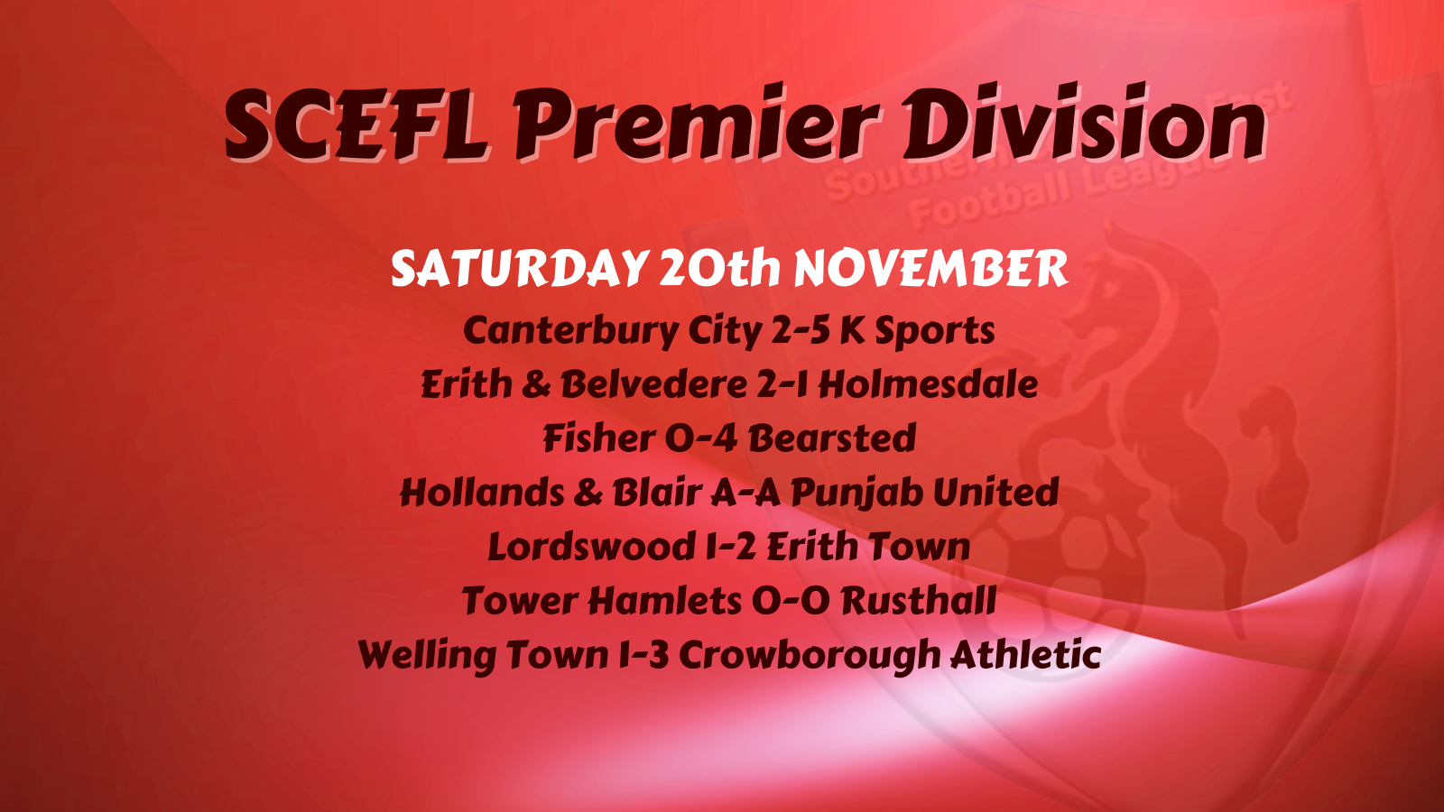 Premier Division – 20th November – SCEFL